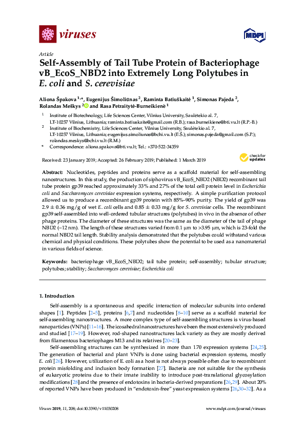 (PDF) Self-Assembly of Tail Tube Protein of Bacteriophage vB_EcoS_NBD2 ...