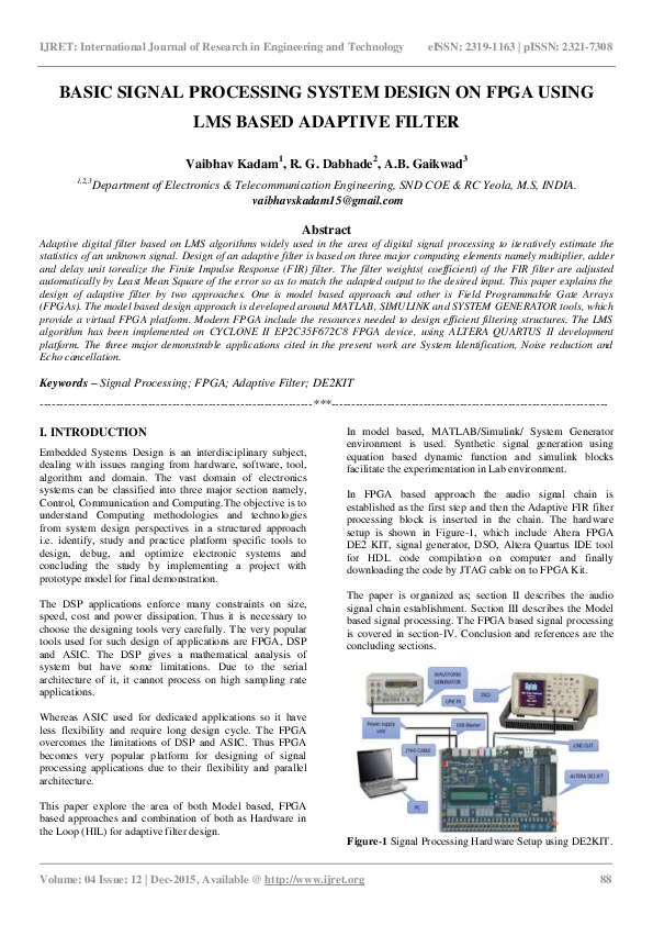 Pdf Basic Signal Processing System Design On Fpga Using Lms Based Adaptive Filter