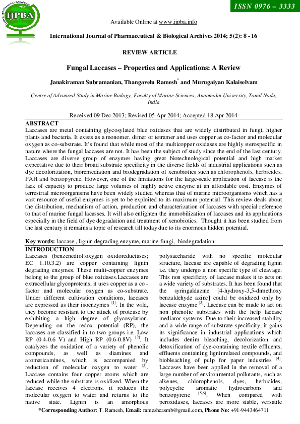 (PDF) Fungal Laccases – Properties and Applications: A Review