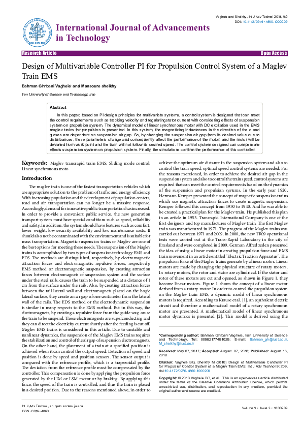 (PDF) Design of Multivariable Controller PI for Propulsion Control System of a Maglev Train EMS