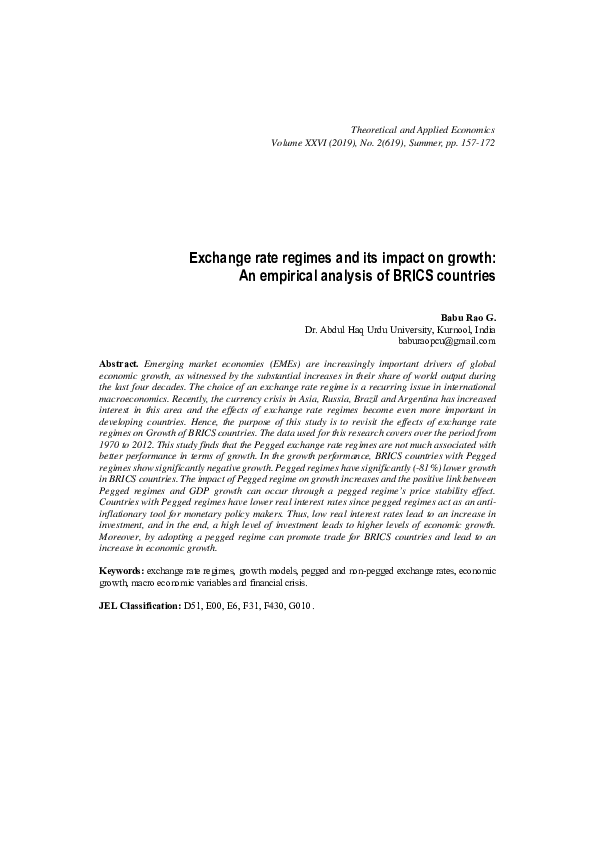 (PDF) Exchange rate regimes and its impact on growth: An empirical analysis of BRICS countries