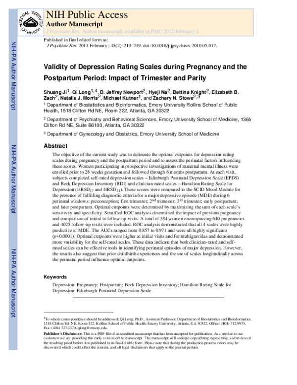 (PDF) Validity of depression rating scales during pregnancy and the ...