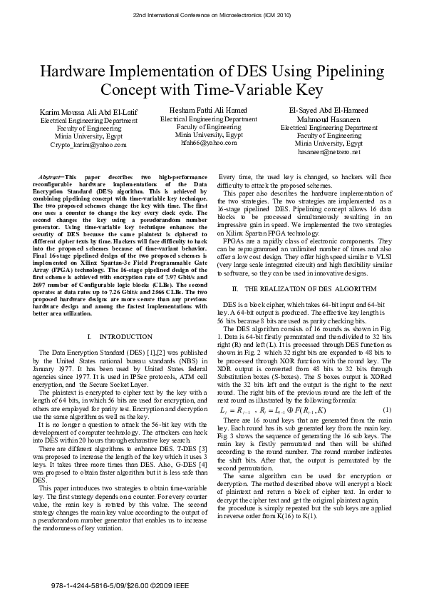 Pdf Hardware Implementation Of Des Using Pipelining Concept With Time Variable Key