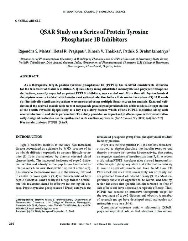 (PDF) QSAR Study on a Series of Protein Tyrosine Phosphatase 1B Inhibitors | Dinesh Thakkar ...