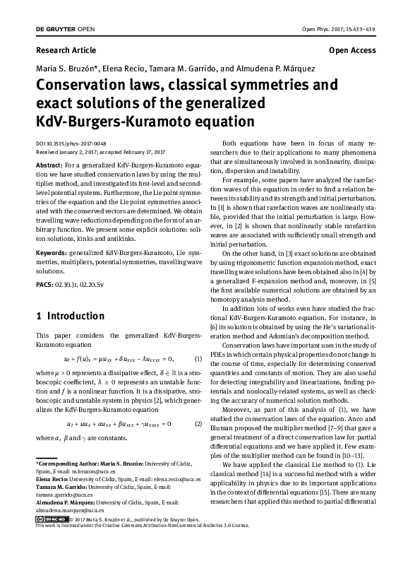 (PDF) Conservation laws, classical symmetries and exact solutions of the generalized KdV-Burgers ...