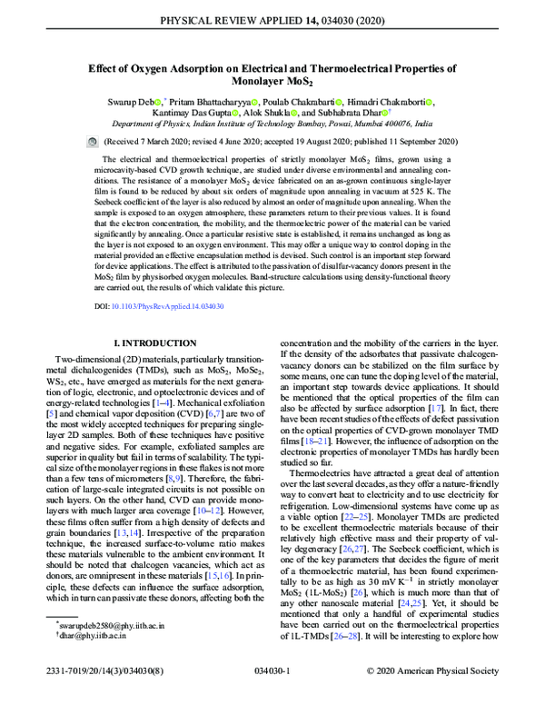 (PDF) Effect of Oxygen Adsorption on Electrical and Thermoelectrical ...