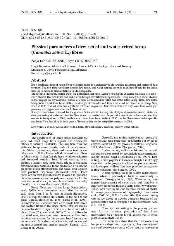 (PDF) Physical parameters of dew retted and water retted hemp (Cannabis ...