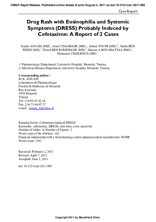 (PDF) Drug Rash with Eosinophilia and Systemic Symptoms (DRESS) induced ...