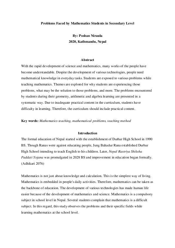 (PDF) Problems Faced by Mathematics Students in Secondary Level