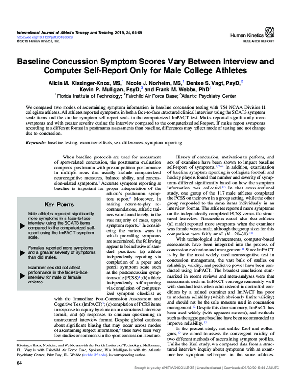 (PDF) Baseline Concussion Symptom Scores Vary Between Interview and ...