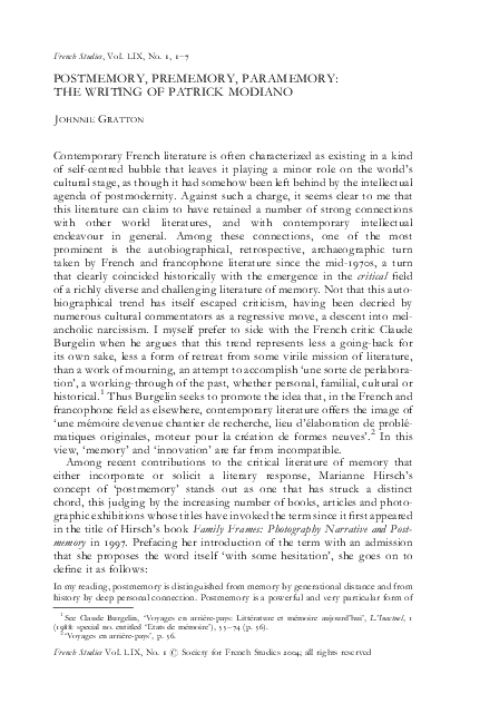 (PDF) Postmemory, Prememory, Paramemory: The Writing of Patrick Modiano