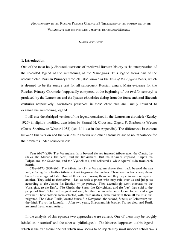 (PDF) Fír flathemon in the Russian Primary Chronicle? The legend of the ...