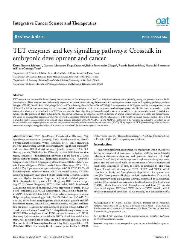 (PDF) TET enzymes and key signalling pathways: Crosstalk in embryonic ...
