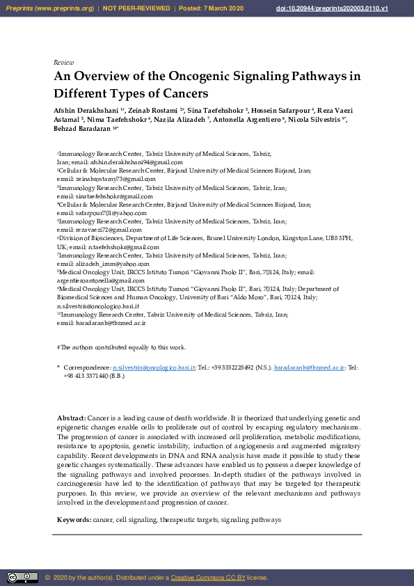 Pdf An Overview Of The Oncogenic Signaling Pathways In Different