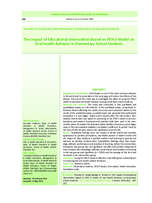 (PDF) The Impact of Educational Intervention Based on PEN-3 Model on ...