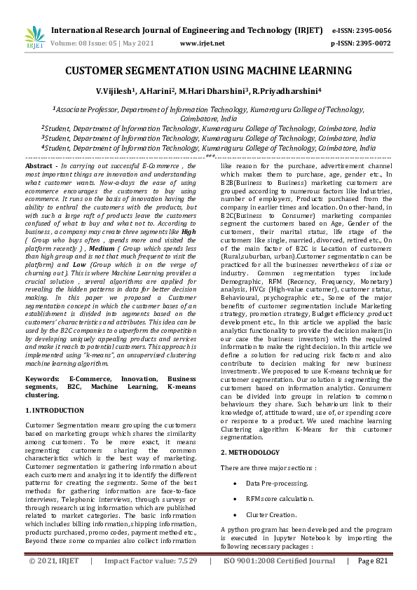 Pdf Irjet Customer Segmentation Using Machine Learning