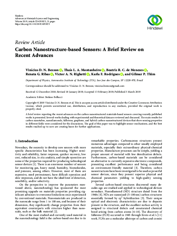 (PDF) Carbon Nanostructure-based Sensors: A Brief Review on Recent Advances