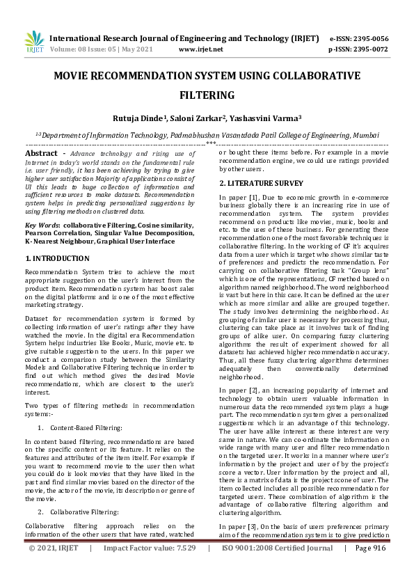 (PDF) IRJET- MOVIE RECOMMENDATION SYSTEM USING COLLABORATIVE FILTERING
