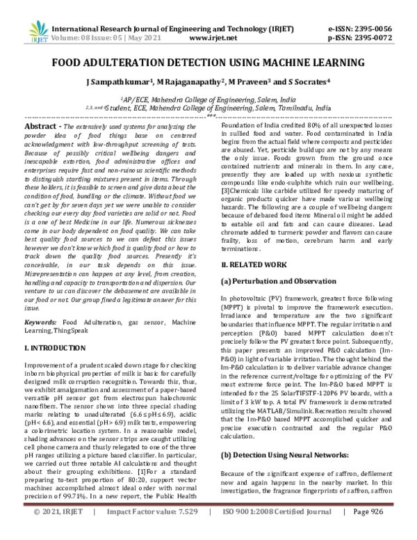 Pdf Irjet Food Adulteration Detection Using Machine Learning