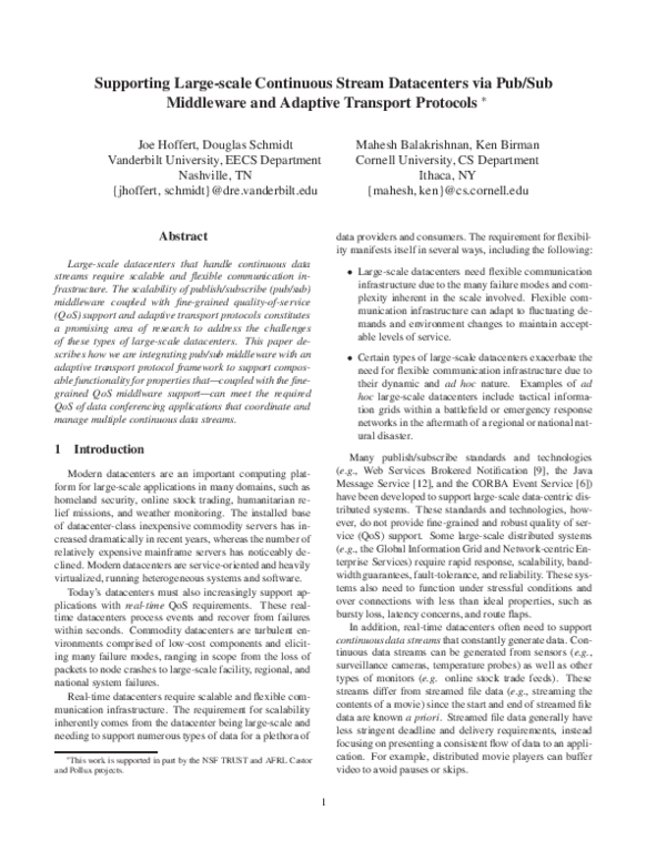 (PDF) Supporting large-scale continuous stream datacenters via pub/sub middleware and adaptive ...