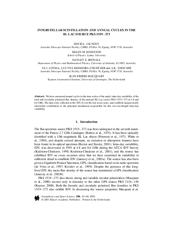 (PDF) Interstellar Scintillation and Annual Cycles in the BL Lac Source ...
