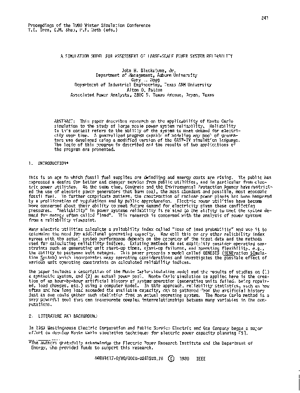 Pdf A Simulation Model For Assessment Of Large Scale Power System Reliability Tuncer Oren