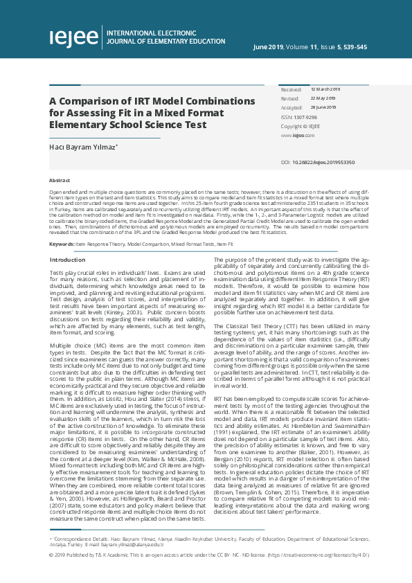 (PDF) A Comparison of IRT Model Combinations for Assessing Fit in a ...