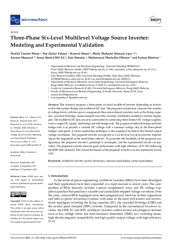 (PDF) Three-Phase Six-Level Multilevel Voltage Source Inverter: Modeling and Experimental Validation