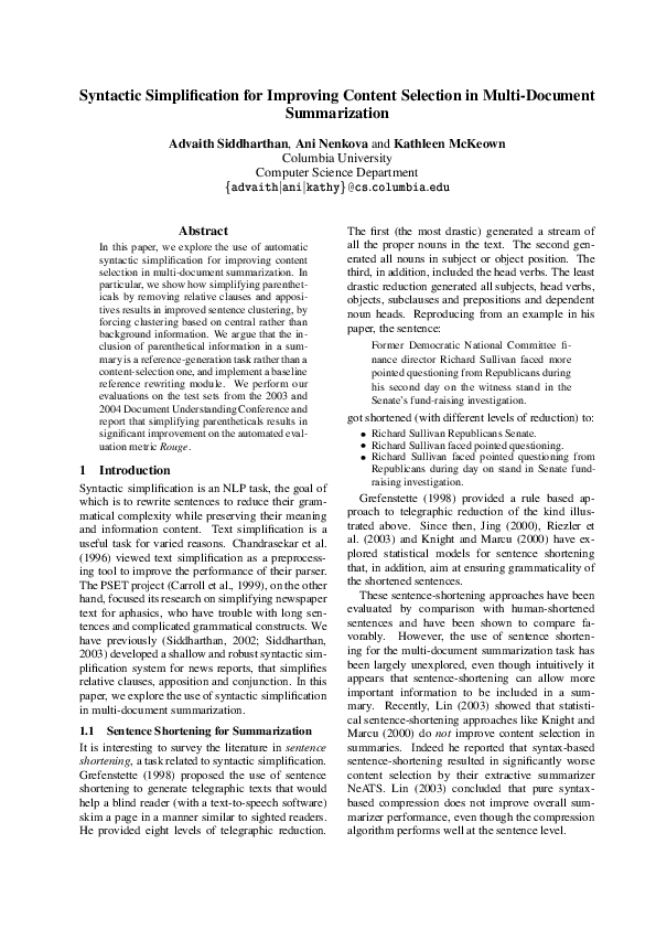 Pdf Syntactic Simplification For Improving Content Selection In Multi