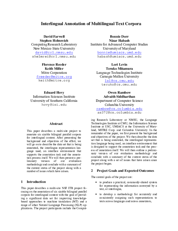 Pdf Interlingual Annotation Of Multilingual Text Corpora