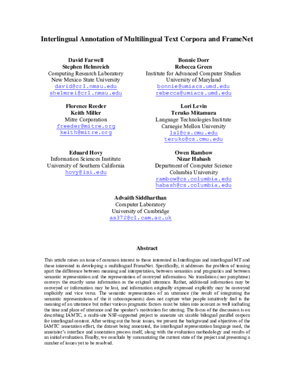 (PDF) 10. Interlingual annotation of multilingual text corpora and FrameNet