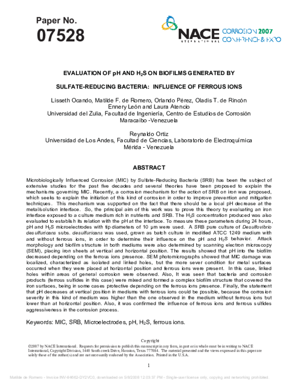 (PDF) Evaluation of pH an H2S on biofilm generated by Sulfate-Reducing Bacteria- Influence of ...