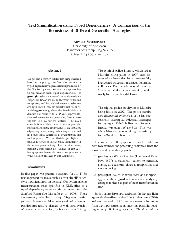 Pdf Text Simplification Using Typed Dependencies A Comparison Of The Robustness Of Different