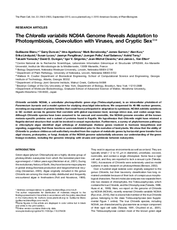 (PDF) The Chlorella variabilis NC64A genome reveals adaptation to ...