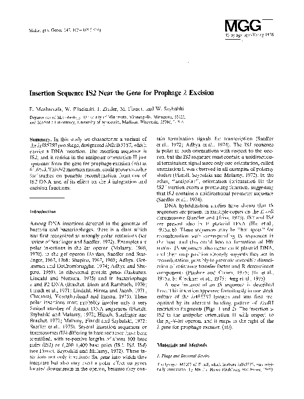 (PDF) Insertion sequence IS2 near the gene for prophage ? excision
