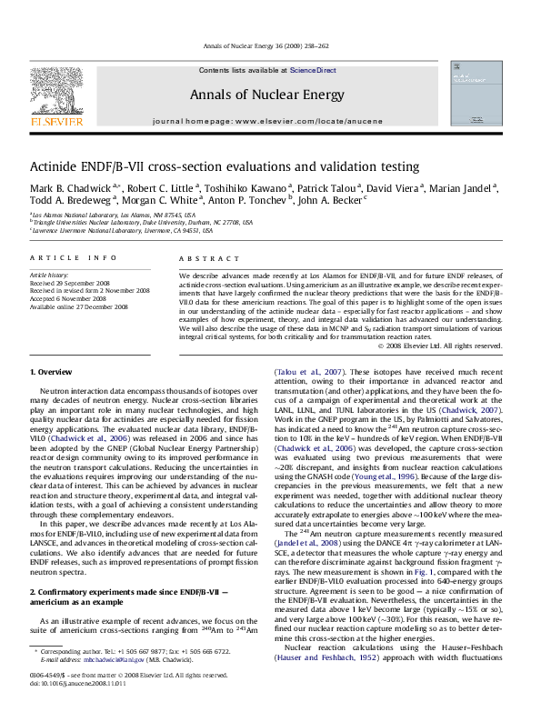 Pdf Actinide Endfb Vii Cross Section Evaluations And Validation Testing