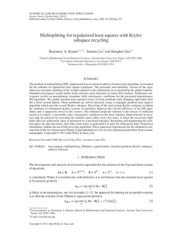 Pdf Multisplitting For Regularized Least Squares With Krylov Subspace