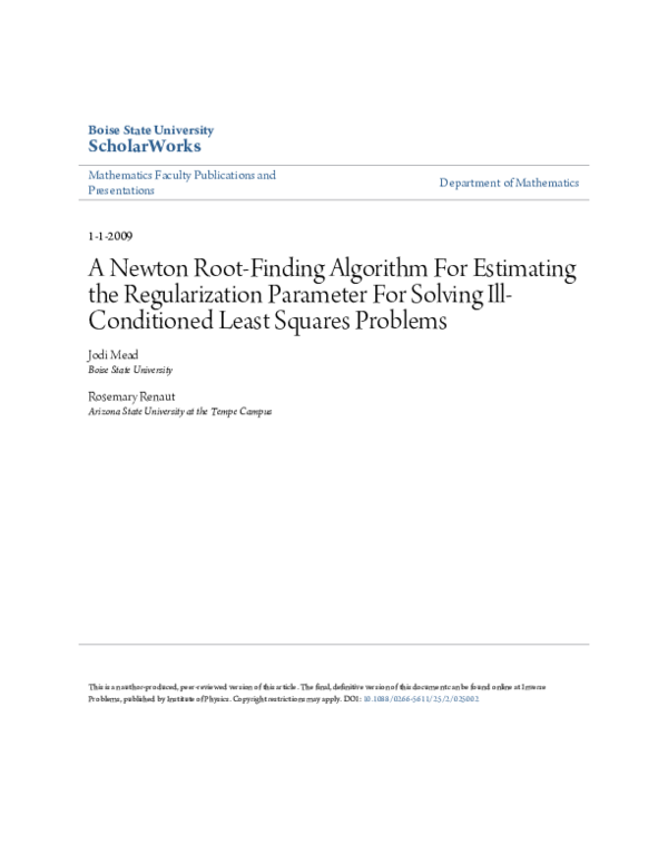 (PDF) A Newton root-finding algorithm for estimating the regularization parameter for solving ...