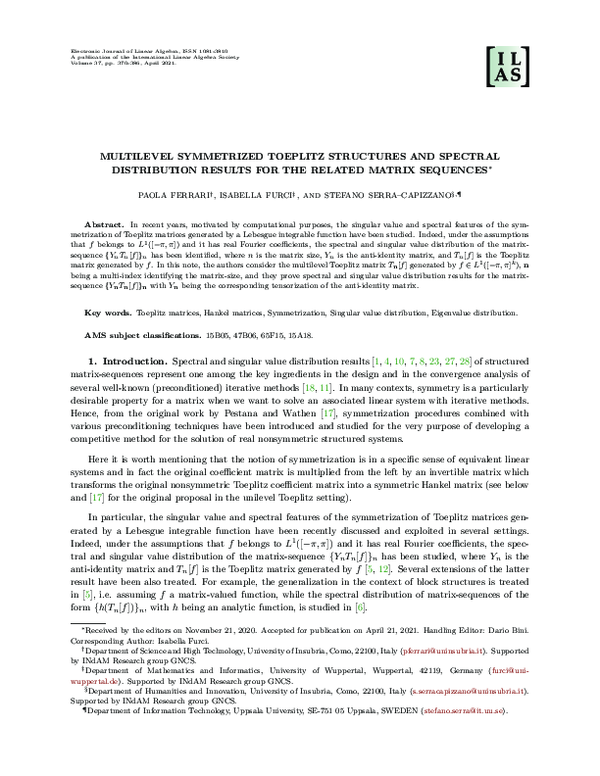 (PDF) Multilevel symmetrized Toeplitz structures and spectral distribution results for the ...