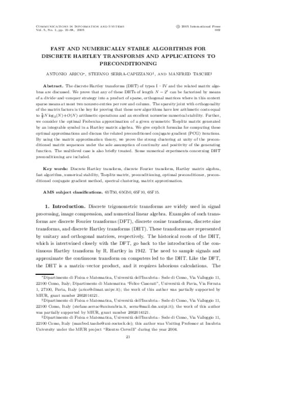 (PDF) Fast and numerically stable algorithms for discrete Hartley transforms and applications to ...