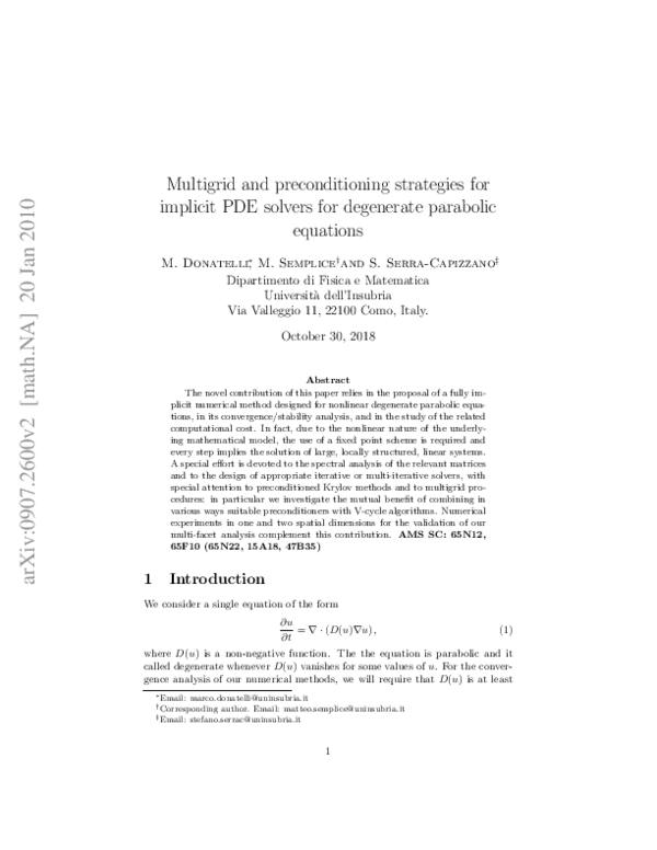 Pdf Preconditioned Implicit Pde Solvers For Degenerate Parabolic Equations With Applications
