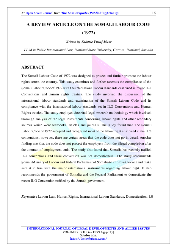 (PDF) A REVIEW ARTICLE ON THE SOMALI LABOUR CODE 1972