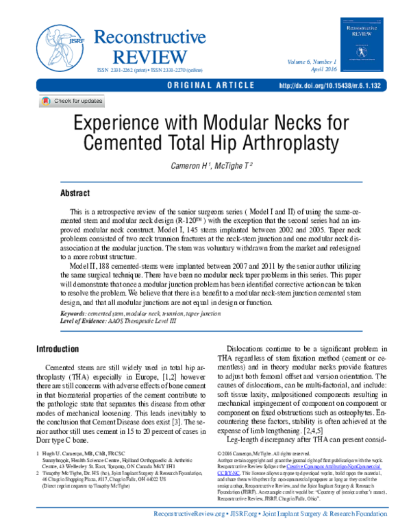 (PDF) Experience with Modular Necks for Cemented Total Hip Arthroplasty