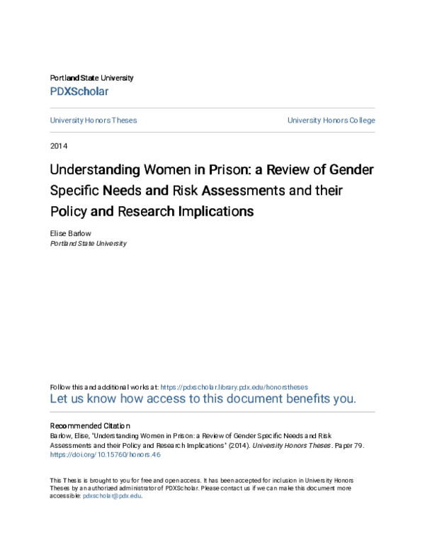 (PDF) Understanding Women in Prison: A Review of Gender Specific Needs and Risk Assessments and ...