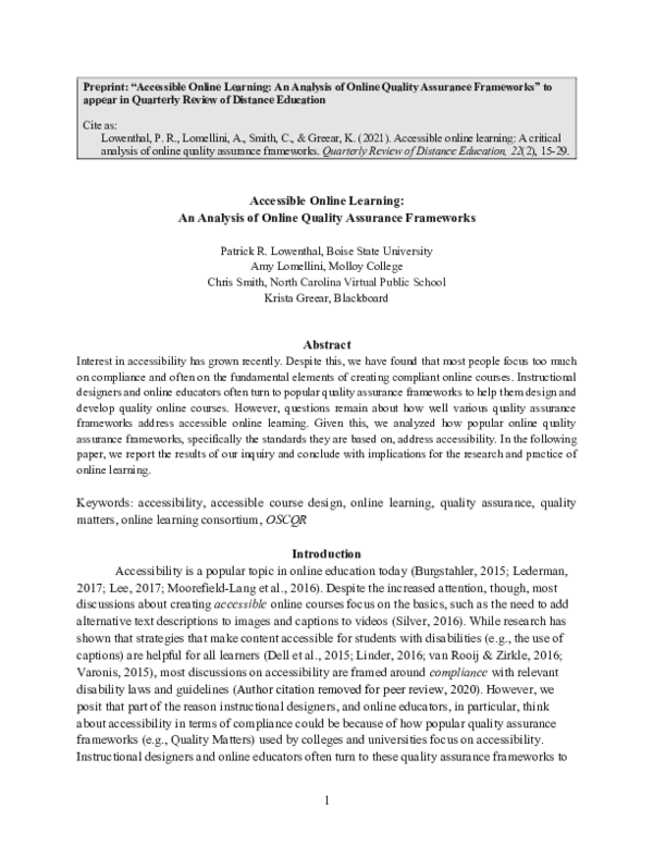 (PDF) Accessible Online Learning: An Analysis of Online Quality ...