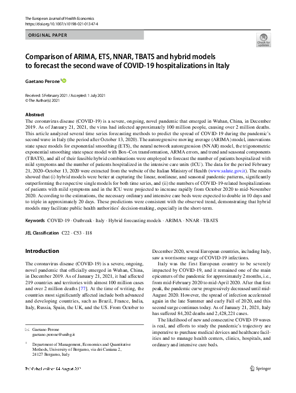 Pdf Comparison Of Arima Ets Nnar Tbats And Hybrid Models To Forecast The Second Wave Of