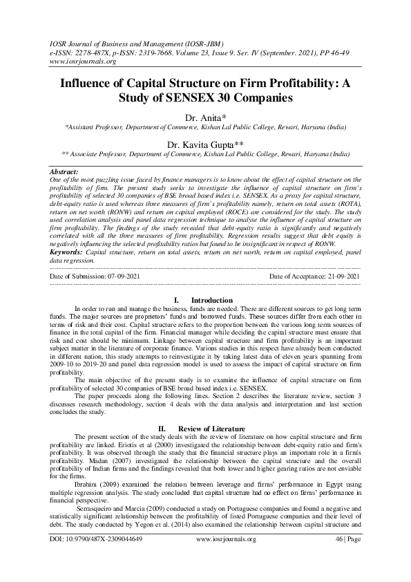 (PDF) Influence of Capital Structure on Firm Profitability: A Study of SENSEX 30 Companies