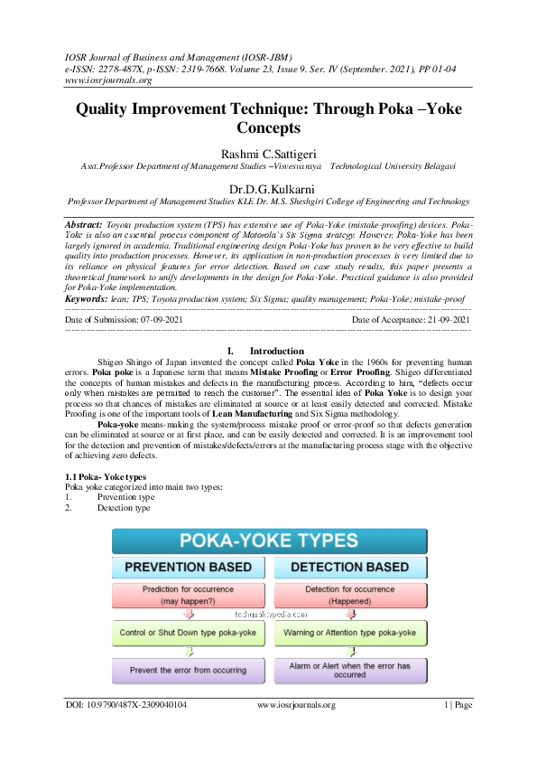 (PDF) Quality Improvement Technique: Through Poka -Yoke Concepts