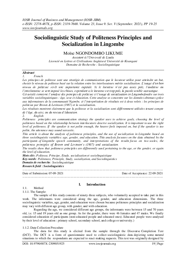(PDF) Sociolinguistic Study of Politeness Principles and Socialization in Lingɔmbe