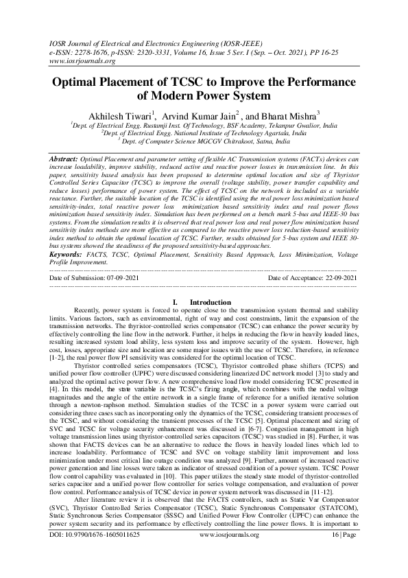 Pdf Optimal Placement Of Tcsc To Improve The Performance Of Modern Power System 